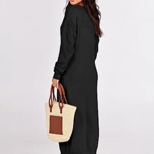 ANRABESS Women Sweater Maxi Dress Long Sleeve Button V Neck Oversized Casual Loose Waffle Knit Fall Long Midi Sweater Dress 2023 Trendy Outfits 1130heise-L Black