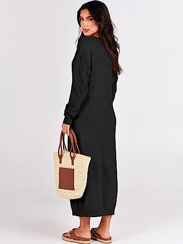 ANRABESS Women Sweater Maxi Dress Long Sleeve Button V Neck Oversized Casual Loose Waffle Knit Fall Long Midi Sweater Dress 2023 Trendy Outfits 1130heise-L Black