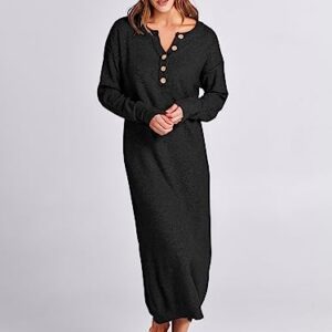 ANRABESS Women Sweater Maxi Dress Long Sleeve Button V Neck Oversized Casual Loose Waffle Knit Fall Long Midi Sweater Dress 2023 Trendy Outfits 1130heise-L Black