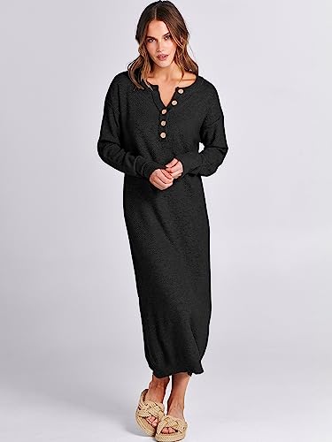 ANRABESS Women Sweater Maxi Dress Long Sleeve Button V Neck Oversized Casual Loose Waffle Knit Fall Long Midi Sweater Dress 2023 Trendy Outfits 1130heise-L Black