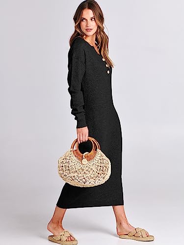 ANRABESS Women Sweater Maxi Dress Long Sleeve Button V Neck Oversized Casual Loose Waffle Knit Fall Long Midi Sweater Dress 2023 Trendy Outfits 1130heise-L Black