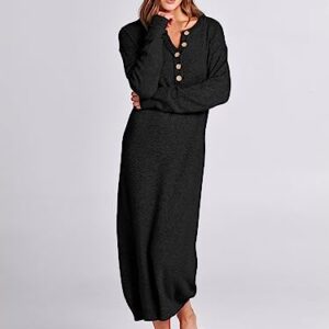 ANRABESS Women Sweater Maxi Dress Long Sleeve Button V Neck Oversized Casual Loose Waffle Knit Fall Long Midi Sweater Dress 2023 Trendy Outfits 1130heise-L Black