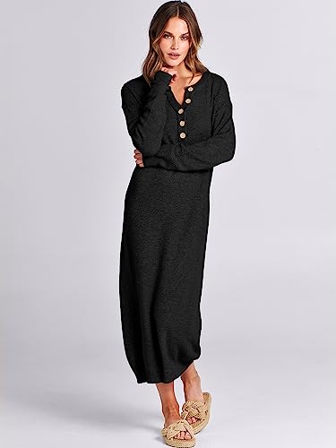 ANRABESS Women Sweater Maxi Dress Long Sleeve Button V Neck Oversized Casual Loose Waffle Knit Fall Long Midi Sweater Dress 2023 Trendy Outfits 1130heise-L Black