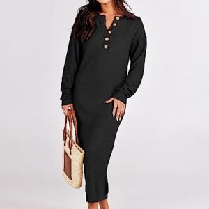 ANRABESS Women Sweater Maxi Dress Long Sleeve Button V Neck Oversized Casual Loose Waffle Knit Fall Long Midi Sweater Dress 2023 Trendy Outfits 1130heise-L Black