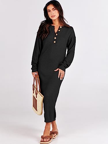 ANRABESS Women Sweater Maxi Dress Long Sleeve Button V Neck Oversized Casual Loose Waffle Knit Fall Long Midi Sweater Dress 2023 Trendy Outfits 1130heise-L Black