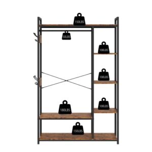 FreeStanding Closet Organizer, Industrial 1 Rod Garment Rack with 4-Tier Sttorage Shelf, Rustic Wardrobe Rack Clothes Rack with Shoe Shelves for Hanging Clothes and Storage (Rustic Brown)