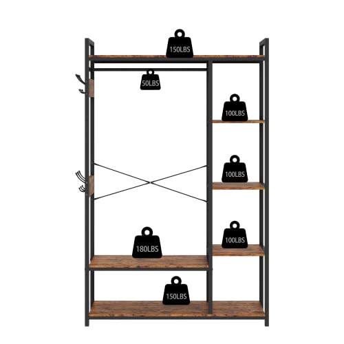 FreeStanding Closet Organizer, Industrial 1 Rod Garment Rack with 4-Tier Sttorage Shelf, Rustic Wardrobe Rack Clothes Rack with Shoe Shelves for Hanging Clothes and Storage (Rustic Brown)