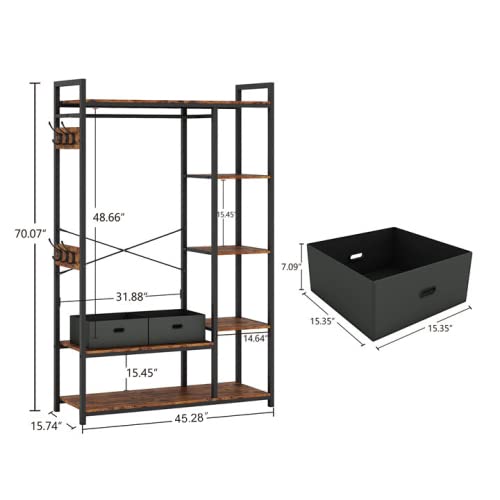 FreeStanding Closet Organizer, Industrial 1 Rod Garment Rack with 4-Tier Sttorage Shelf, Rustic Wardrobe Rack Clothes Rack with Shoe Shelves for Hanging Clothes and Storage (Rustic Brown)