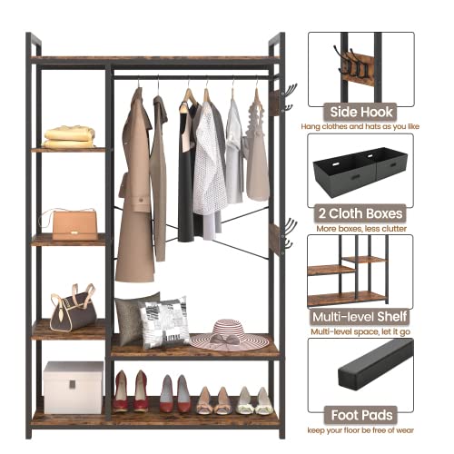 FreeStanding Closet Organizer, Industrial 1 Rod Garment Rack with 4-Tier Sttorage Shelf, Rustic Wardrobe Rack Clothes Rack with Shoe Shelves for Hanging Clothes and Storage (Rustic Brown)