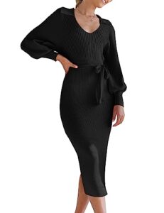 chriselda black sweater dress for women casual long sleeve v neck side slit knit ribbed midi bodycon dresses winter wedding guest dresses,black, m