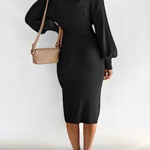 Chriselda Black Sweater Dress for Women Casual Long Sleeve V Neck Side Slit Knit Ribbed Midi Bodycon Dresses Winter Wedding Guest Dresses,Black, M