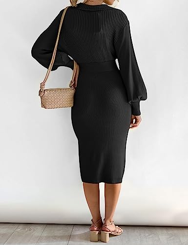 Chriselda Black Sweater Dress for Women Casual Long Sleeve V Neck Side Slit Knit Ribbed Midi Bodycon Dresses Winter Wedding Guest Dresses,Black, M