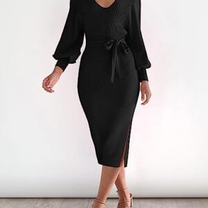 Chriselda Black Sweater Dress for Women Casual Long Sleeve V Neck Side Slit Knit Ribbed Midi Bodycon Dresses Winter Wedding Guest Dresses,Black, M