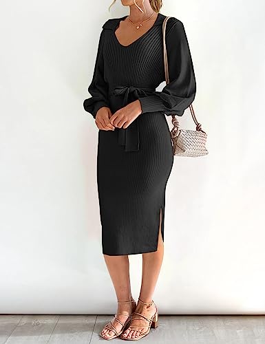 Chriselda Black Sweater Dress for Women Casual Long Sleeve V Neck Side Slit Knit Ribbed Midi Bodycon Dresses Winter Wedding Guest Dresses,Black, M