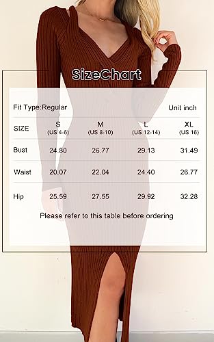 PRETTYGARDEN Women's Sweater Dress Ribbed Long Sleeve Knitted Slit Midi Dress for Women V Neck Bodycon Wrap Dress (Black, Large)