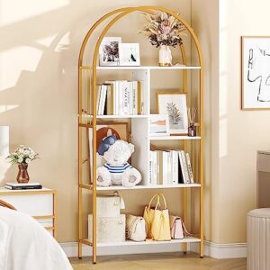 yitahome gold arched bookshelf and bookcase, 5 tier standing book shelf, storage display rack shelves for bedroom living room office,white&gold