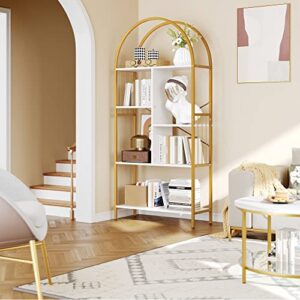 YITAHOME Gold Arched Bookshelf and Bookcase, 5 Tier Standing Book Shelf, Storage Display Rack Shelves for Bedroom Living Room Office,White&Gold