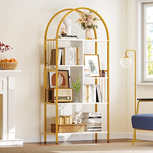 YITAHOME Gold Arched Bookshelf and Bookcase, 5 Tier Standing Book Shelf, Storage Display Rack Shelves for Bedroom Living Room Office,White&Gold