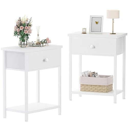 KAI-ROAD White Nightstands Set of 2, Small Night Stand with Drawer End Table for Bedroom, Dorm, Modern