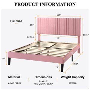 SHA CERLIN Full Size Upholstered Platform Bed Frame with Adjustable Headboard, Vertical Channel Tufted Velvet Fabric, Wooden Slats Support, Mattress Foundation, Box Spring Optional, Pink