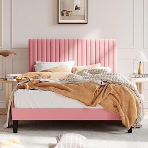 sha cerlin full size upholstered platform bed frame with adjustable headboard, vertical channel tufted velvet fabric, wooden slats support, mattress foundation, box spring optional, pink