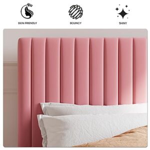 SHA CERLIN Full Size Upholstered Platform Bed Frame with Adjustable Headboard, Vertical Channel Tufted Velvet Fabric, Wooden Slats Support, Mattress Foundation, Box Spring Optional, Pink