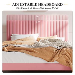 SHA CERLIN Full Size Upholstered Platform Bed Frame with Adjustable Headboard, Vertical Channel Tufted Velvet Fabric, Wooden Slats Support, Mattress Foundation, Box Spring Optional, Pink