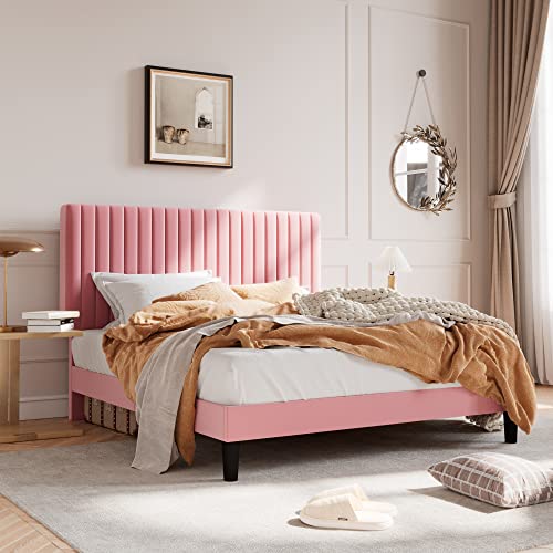 SHA CERLIN Full Size Upholstered Platform Bed Frame with Adjustable Headboard, Vertical Channel Tufted Velvet Fabric, Wooden Slats Support, Mattress Foundation, Box Spring Optional, Pink