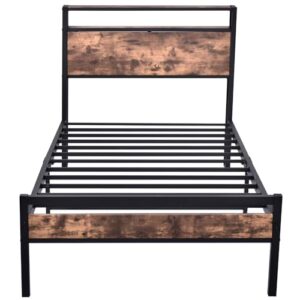 bitnunu twin bed frame with headboard, metal platform bed frame with sturdy slat support, no box spring needed, 2-tier storage headboard shelf, heavy duty feet, easy assembly (14-inch, twin)