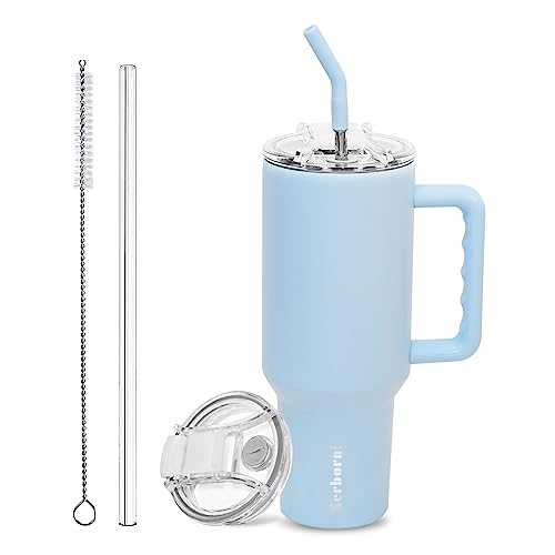 Serborni 40 oz Tumbler With Handle and 2 Straws Lid, Insulated Tumblers Stainless Steel, Upgraded Leak-Proof Lid For Hot and Cold Insulation Travel Coffee Cup Mug（Skyblue）