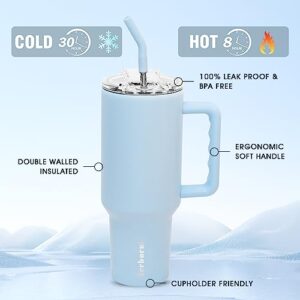 Serborni 40 oz Tumbler With Handle and 2 Straws Lid, Insulated Tumblers Stainless Steel, Upgraded Leak-Proof Lid For Hot and Cold Insulation Travel Coffee Cup Mug（Skyblue）