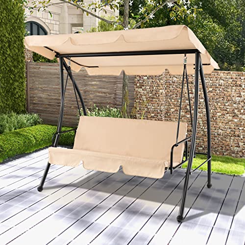 Tangkula 2 Person Porch Swing, 2-in-1 Convertible Outdoor Swing Bed with Adjustable Canopy, Removable Cushions, Solid Metal Frame, Outside Patio Swing for Backyard, Poolside, Deck