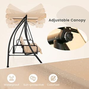 Tangkula 2 Person Porch Swing, 2-in-1 Convertible Outdoor Swing Bed with Adjustable Canopy, Removable Cushions, Solid Metal Frame, Outside Patio Swing for Backyard, Poolside, Deck