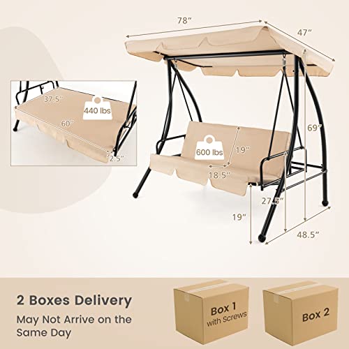 Tangkula 2 Person Porch Swing, 2-in-1 Convertible Outdoor Swing Bed with Adjustable Canopy, Removable Cushions, Solid Metal Frame, Outside Patio Swing for Backyard, Poolside, Deck