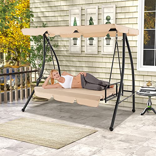 Tangkula 2 Person Porch Swing, 2-in-1 Convertible Outdoor Swing Bed with Adjustable Canopy, Removable Cushions, Solid Metal Frame, Outside Patio Swing for Backyard, Poolside, Deck