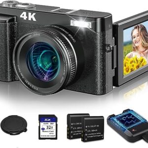 4K Digital Camera for Photography Autofocus, 48MP Vlogging Camera with SD Card Anti-Shake, 3'' 180° Flip Screen Compact Video Camera for Travel, 16X Zoom Digital Camera for Teens with Flash