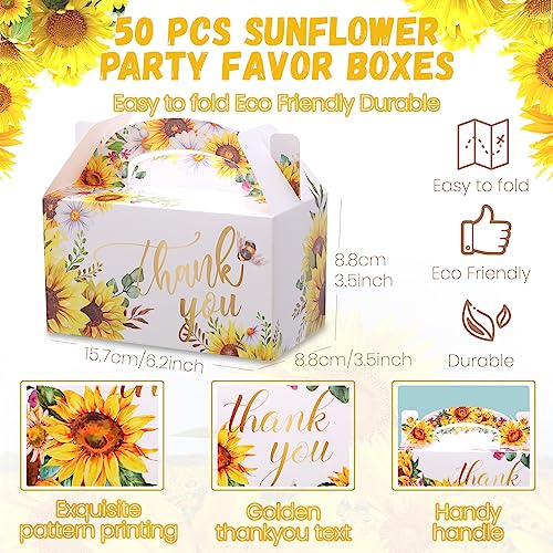 Ctosree 50 Pcs Thank You Favor Boxes Sunflower Gable Treat Box Goodie Boxes Baby Shower Favor Boxes Floral Gift Box for Sunflower Party Wedding Birthday Tea Celebrating, 6.2 x 3.5 x 3.5 Inch