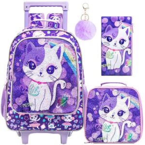 klfvb kids rolling backpack for girls, roller wheels school bag with lunch bag, wheeled sequins school bookbag for children - cat