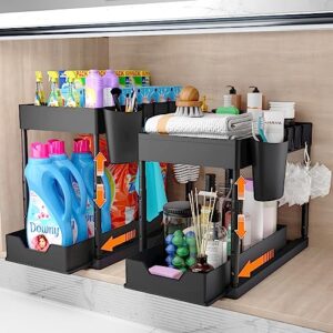 Hopezone Under Sink Organizers and Storage, 2 Pack Adjustable Height Under Sink Storage, 2 Tier Under Sink Organizer with Sliding Drawer, 8 Hooks & 2 Hanging Cups, Ideal for Kitchen, Bathroom