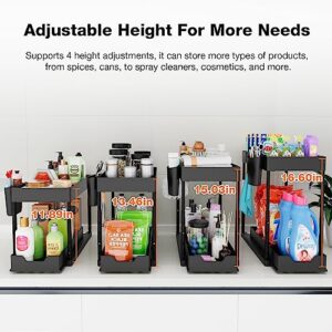 Hopezone Under Sink Organizers and Storage, 2 Pack Adjustable Height Under Sink Storage, 2 Tier Under Sink Organizer with Sliding Drawer, 8 Hooks & 2 Hanging Cups, Ideal for Kitchen, Bathroom