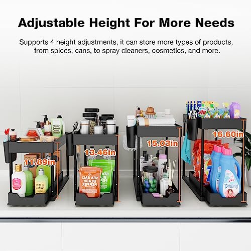 Hopezone Under Sink Organizers and Storage, 2 Pack Adjustable Height Under Sink Storage, 2 Tier Under Sink Organizer with Sliding Drawer, 8 Hooks & 2 Hanging Cups, Ideal for Kitchen, Bathroom