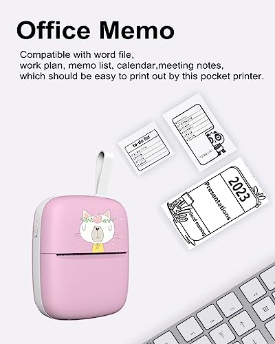 Mini Printer Portable, Pocket Thermal Printer with 5 Rolls Paper Compatible with iOS Android, Bluetooth Wireless Smart Printer for Learning Assistance, Study Notes, Work, Fun, Label List Note