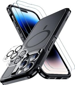 temdan magnetic for iphone 14 pro case,[compatible with magsafe][glass screen protector+camera lens protector] non-slip full-body shockproof phone case-black