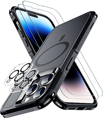 Temdan Magnetic for iPhone 14 Pro Case,[Compatible with MagSafe][Glass Screen Protector+Camera Lens Protector] Non-Slip Full-Body Shockproof Phone Case-Black