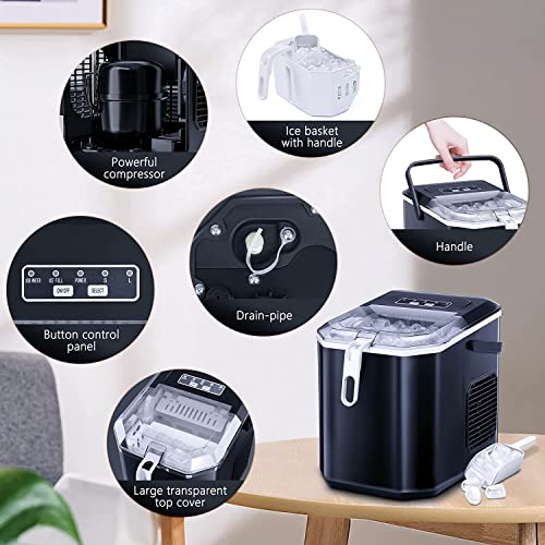 Antarctic Star Countertop Ice Maker Portable Machine with Handle,Self-Cleaning Makers, 26Lbs/24H, 9 Cubes Ready in 6 Mins, S/L ice, for Home Kitchen Bar Party (Black)