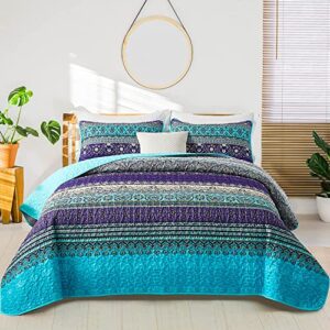 wongs bedding boho quilt set california king, purple bohemian striped pattern printed quilt coverlet, lightweight microfiber bed decor bedspread for all season 106"x96"(3 pieces, cal king)