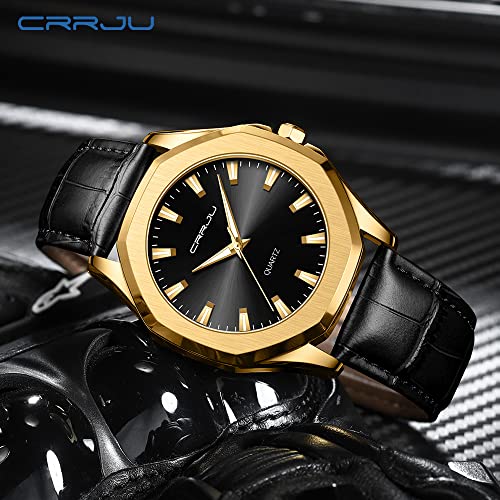 CRRJU Men's Fashion Luxury Classical Golden Watches for Men Business Simple Luminous Analog Quartz Leather Wristwatches