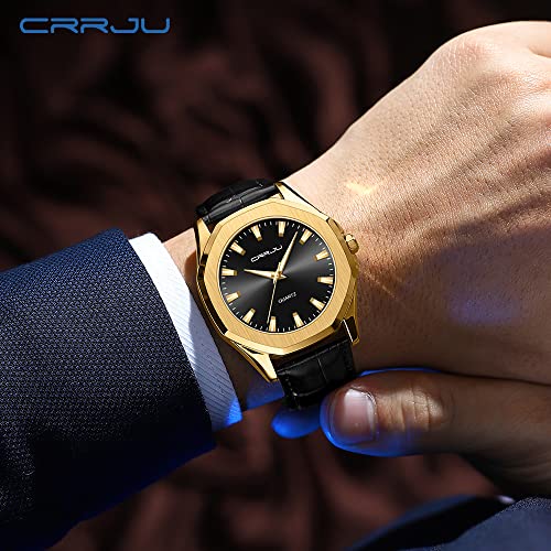 CRRJU Men's Fashion Luxury Classical Golden Watches for Men Business Simple Luminous Analog Quartz Leather Wristwatches