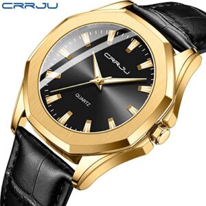 CRRJU Men's Fashion Luxury Classical Golden Watches for Men Business Simple Luminous Analog Quartz Leather Wristwatches