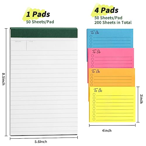 Lined Writing Note Pad To Do List Notepad - 5.6" x 8.5" Notebook (50-Sheet), Micro Perforated Writing Pad, Small 3" x 4" Sticky Notes with 50 Pages(4 pks) for Planners, Notes Taking, Work Organization